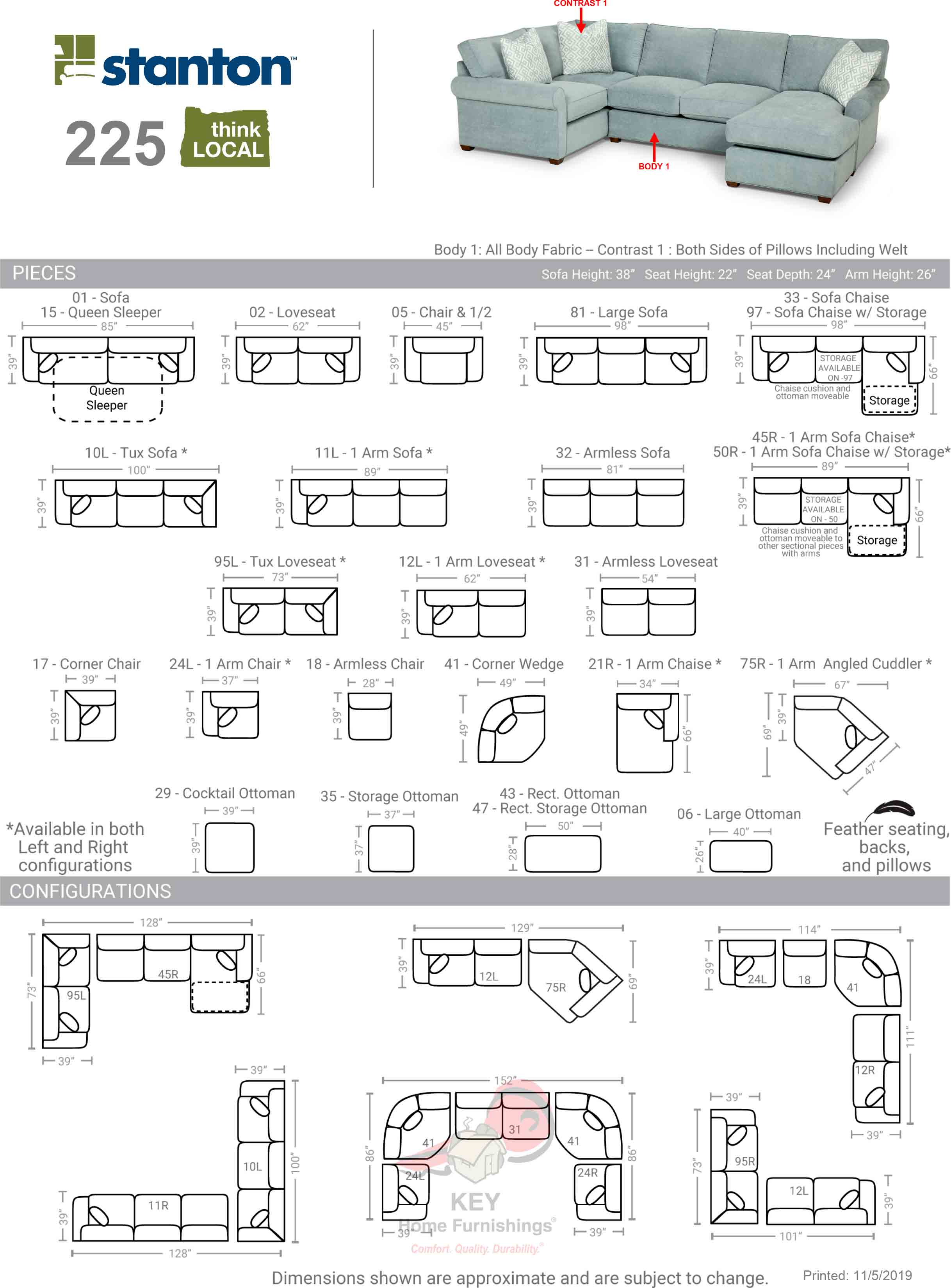 Stanton Furniture - Sectional & Sofa 225 Measurements and Configurations